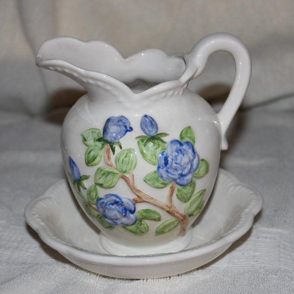 Accents | 199s Ceramic Pitcher Set Glazed Cream Blue Roses 55 Tall X ...